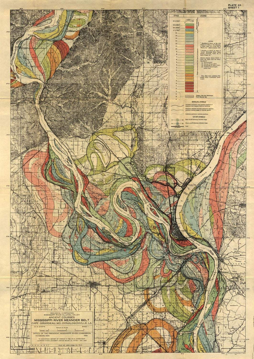 1944 Harold Fisk Mississippi River Map Sheet 1 Fine Art Giclee Print ...